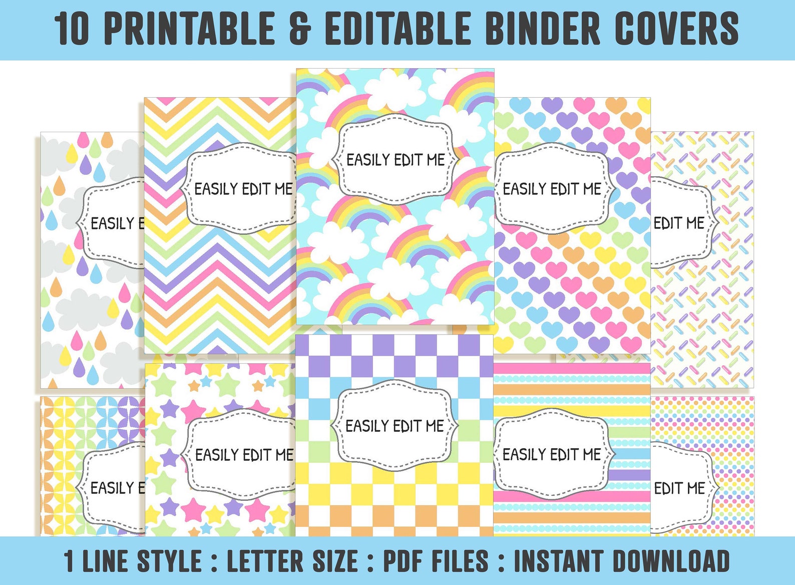 Sweet Rainbow Binder Cover, 10 Printable & Editable Binder Covers ...