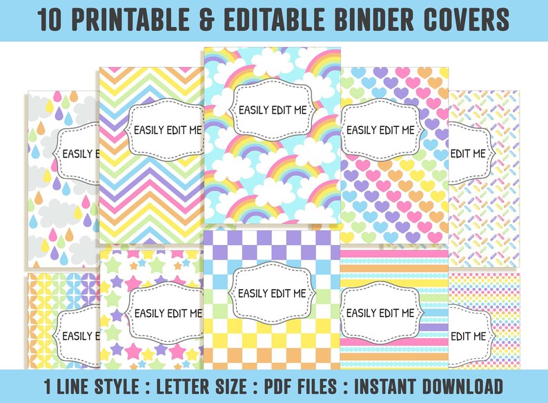 Sweet Rainbow Binder Cover, 10 Printable & Editable Binder Covers ...