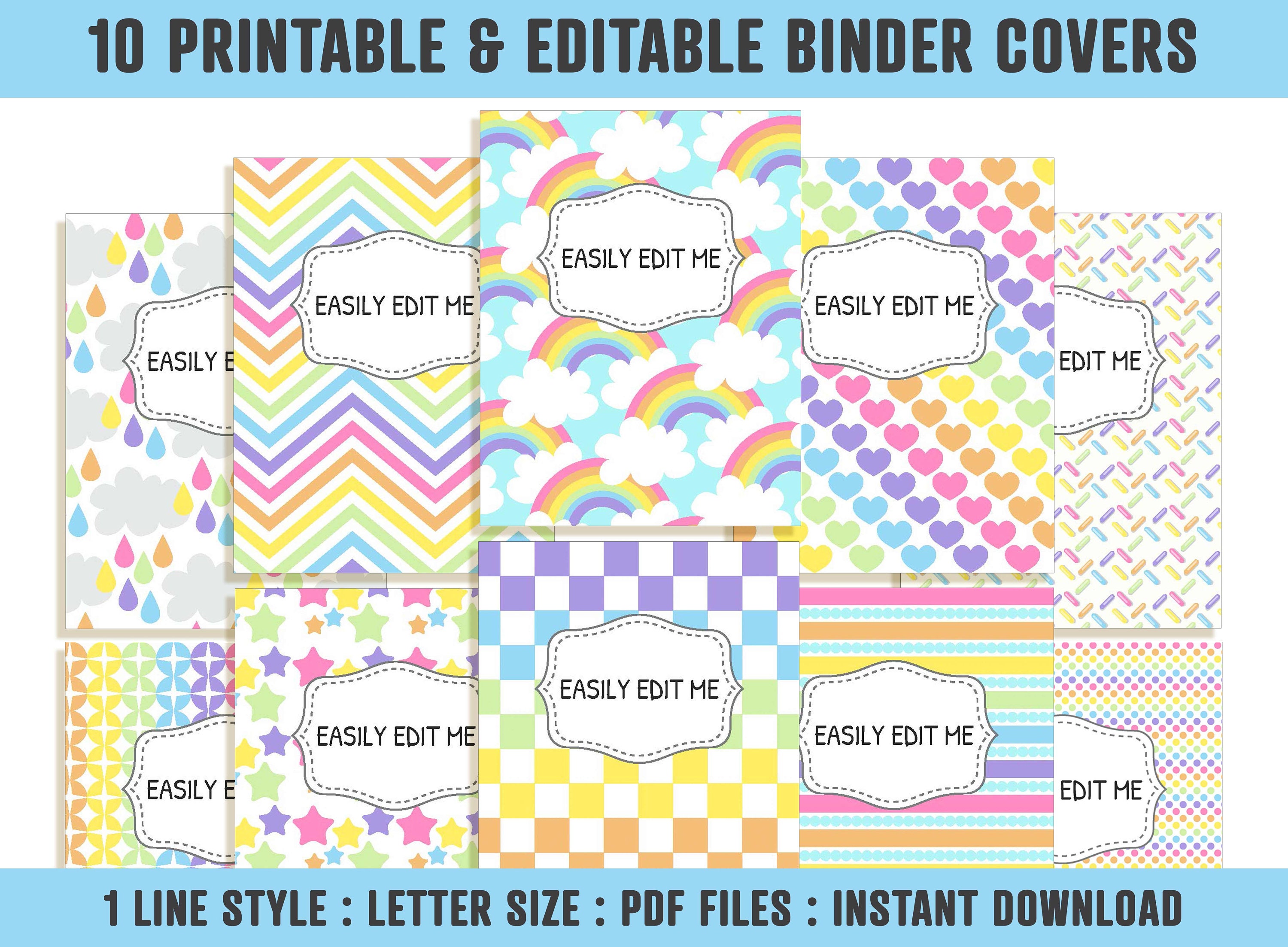 Sweet Rainbow Binder Cover, 10 Printable & Editable Binder Covers ...