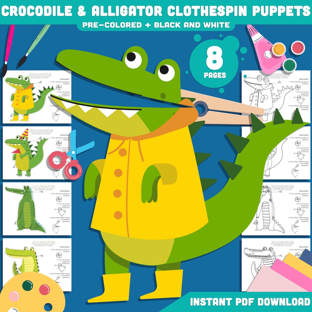 Crocodile & Alligator Clothespin Puppets for Kids, 8-page Printable ...