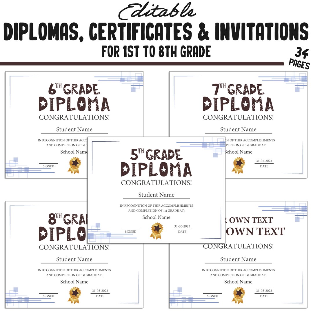 Printable 5th Grade Diplomas, Editable Certificates for 1st-8th Grades ...