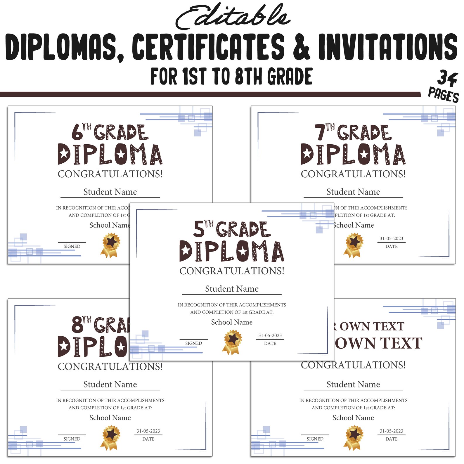 Printable 5th Grade Diplomas, Editable Certificates for 1st-8th Grades ...
