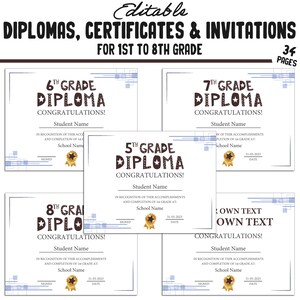 Printable 5th Grade Diplomas, Editable Certificates for 1st-8th Grades ...
