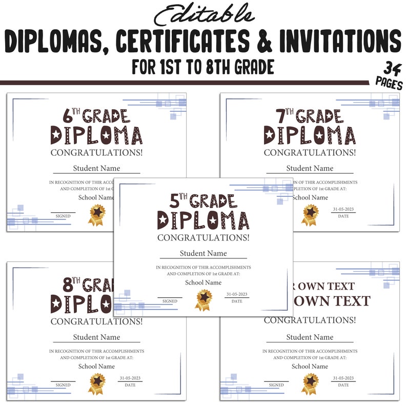 Printable 5th Grade Diplomas, Editable Certificates for 1st-8th Grades ...