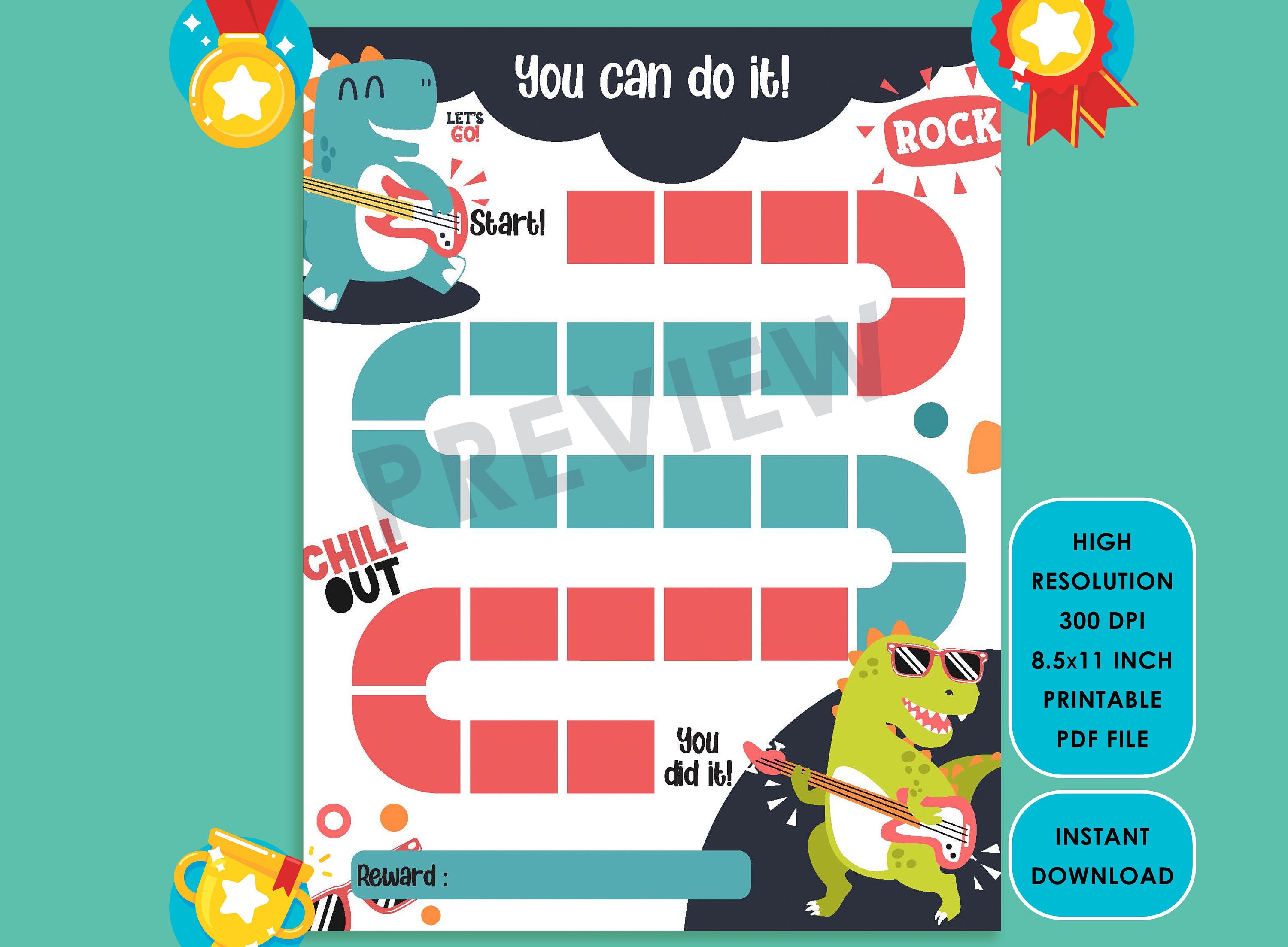 Printable Dinosaur Playing Music Reward Chart for Kids: 2 Fun Designs ...