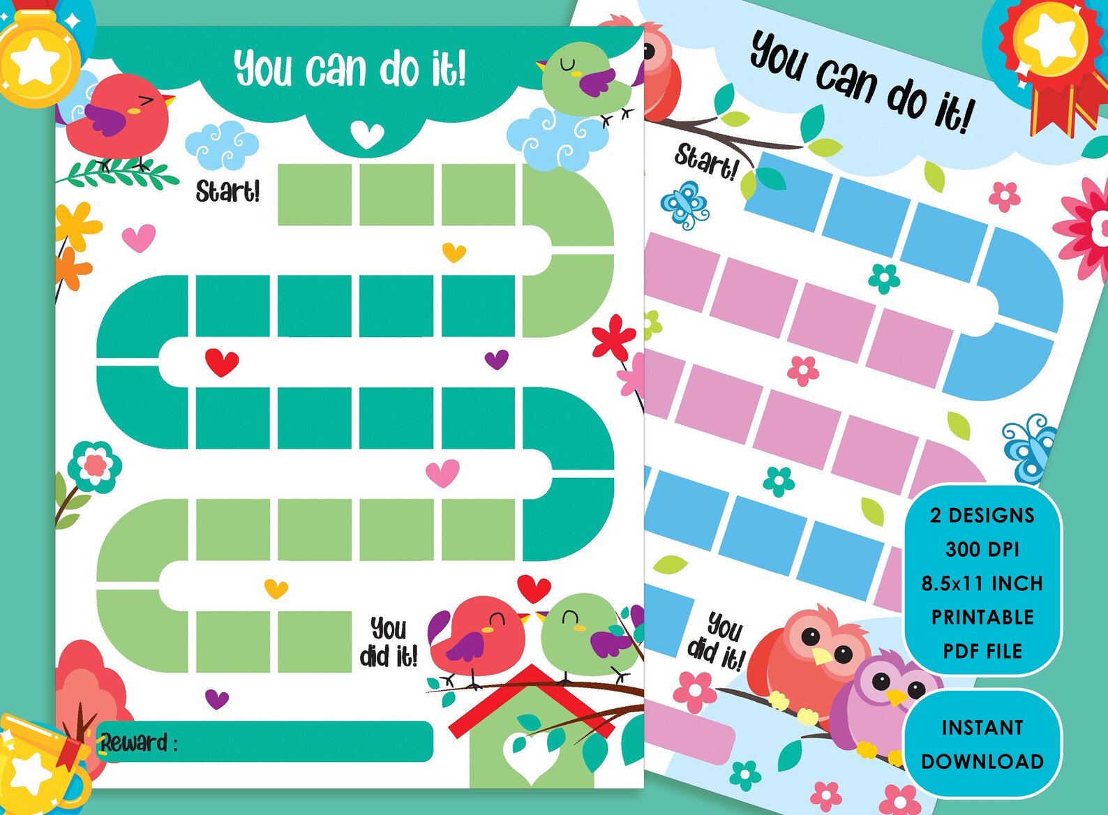 Printable Bird Reward Chart for Kids, Spring Flower Theme With Owl ...