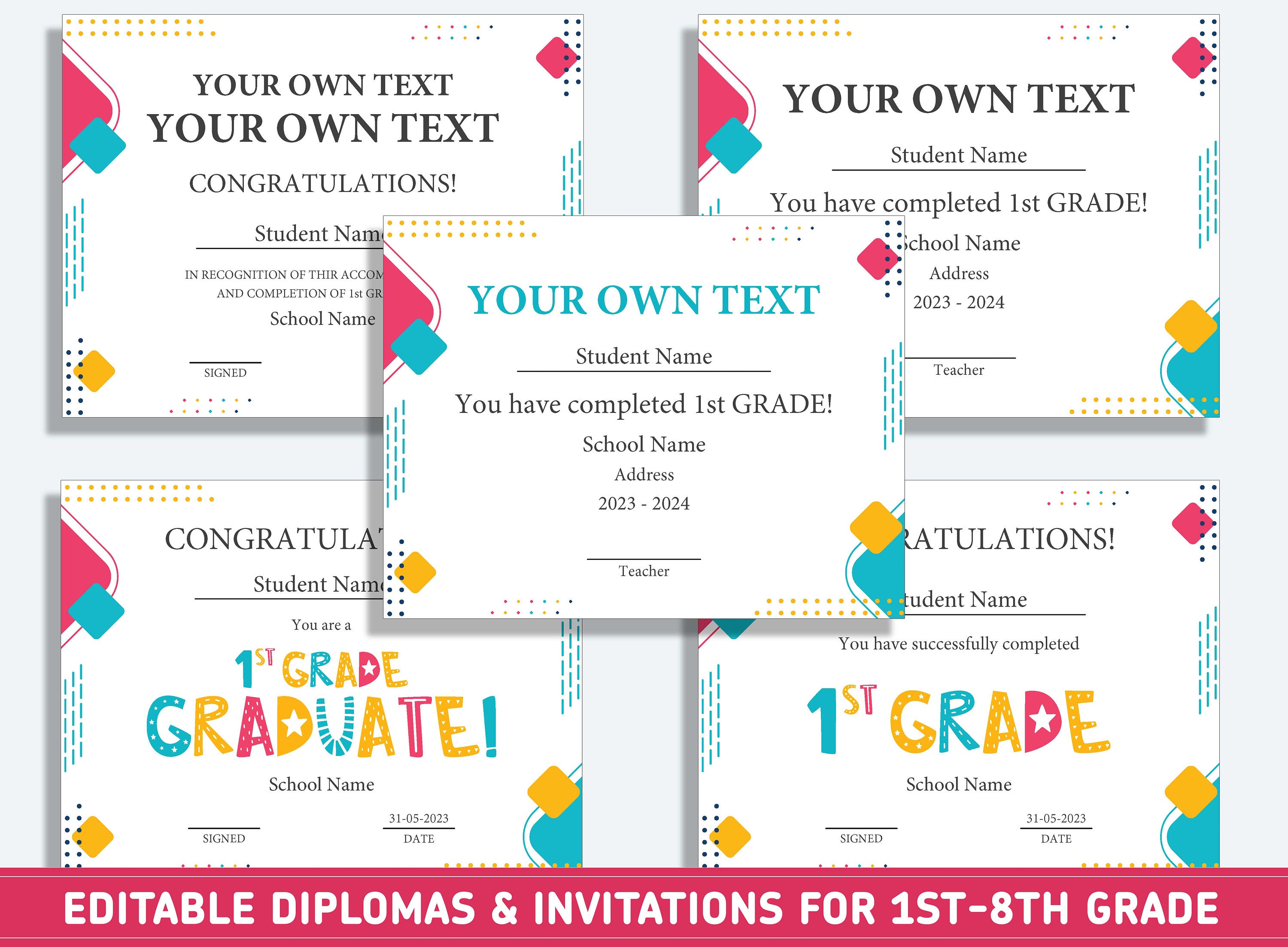 Editable 6th Grade Certificate, 1st to 8th Grade Diploma, Certificate ...