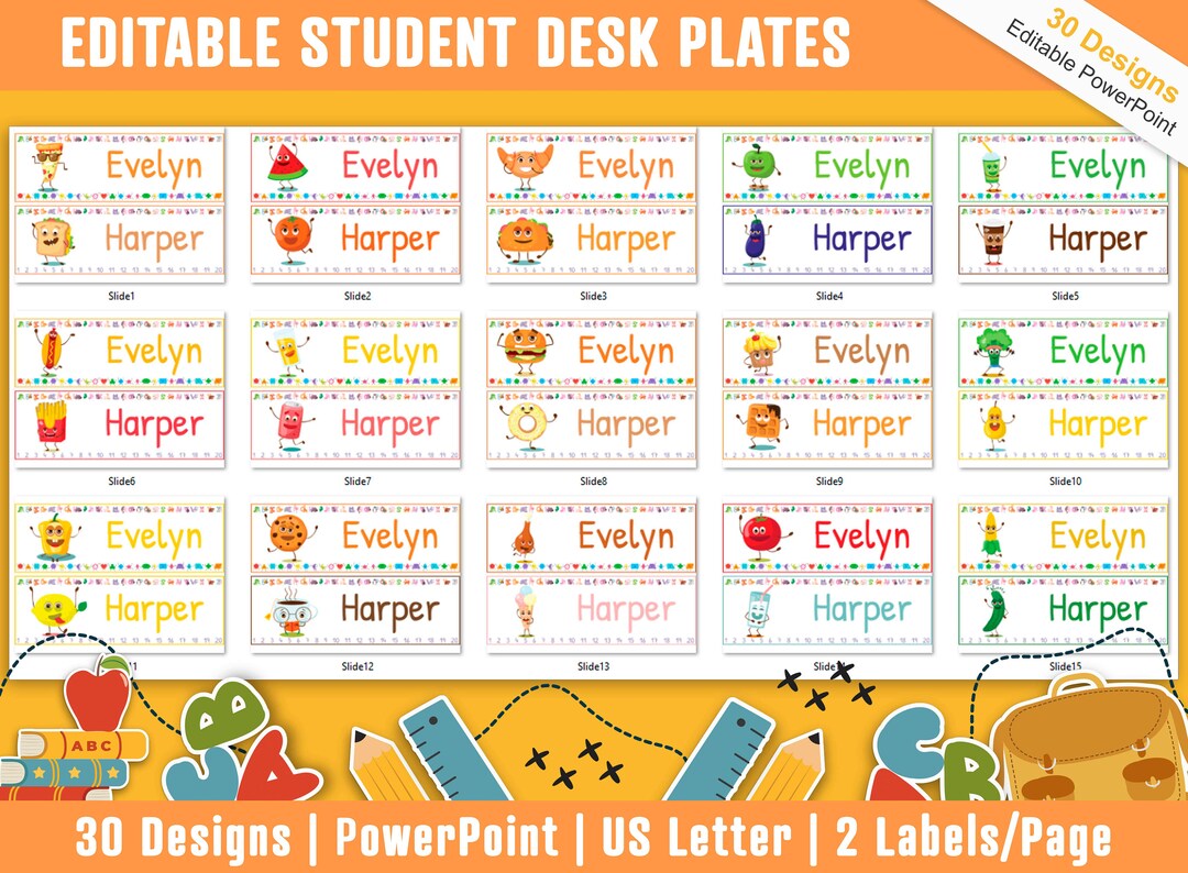 Student Desk Plates, 30 Printable/editable Funny Food & Drink Classroom ...