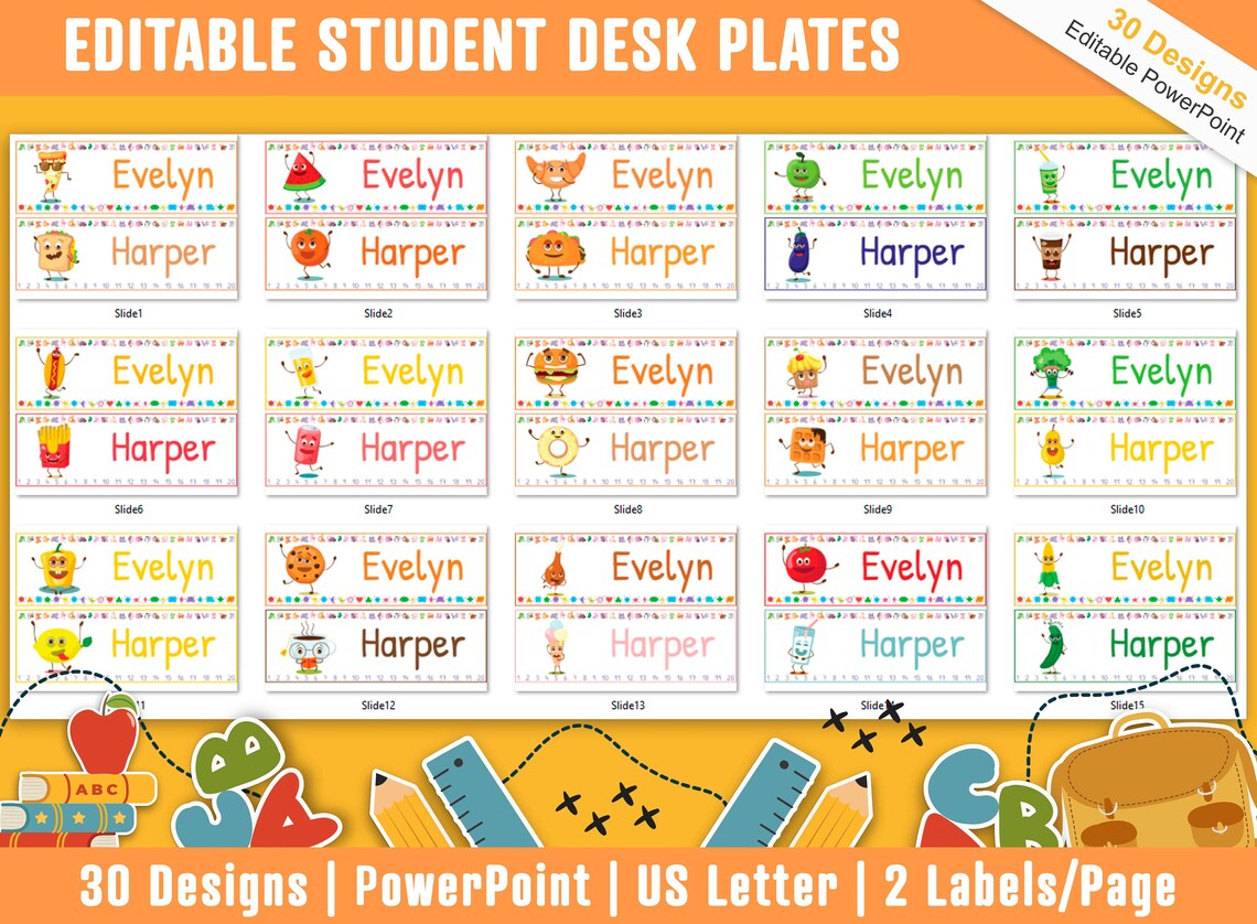 Student Desk Plates, 30 Printable/editable Funny Food & Drink Classroom ...