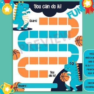 Printable Dinosaur Playing Sports Reward Chart for Kids: 2 Exciting ...