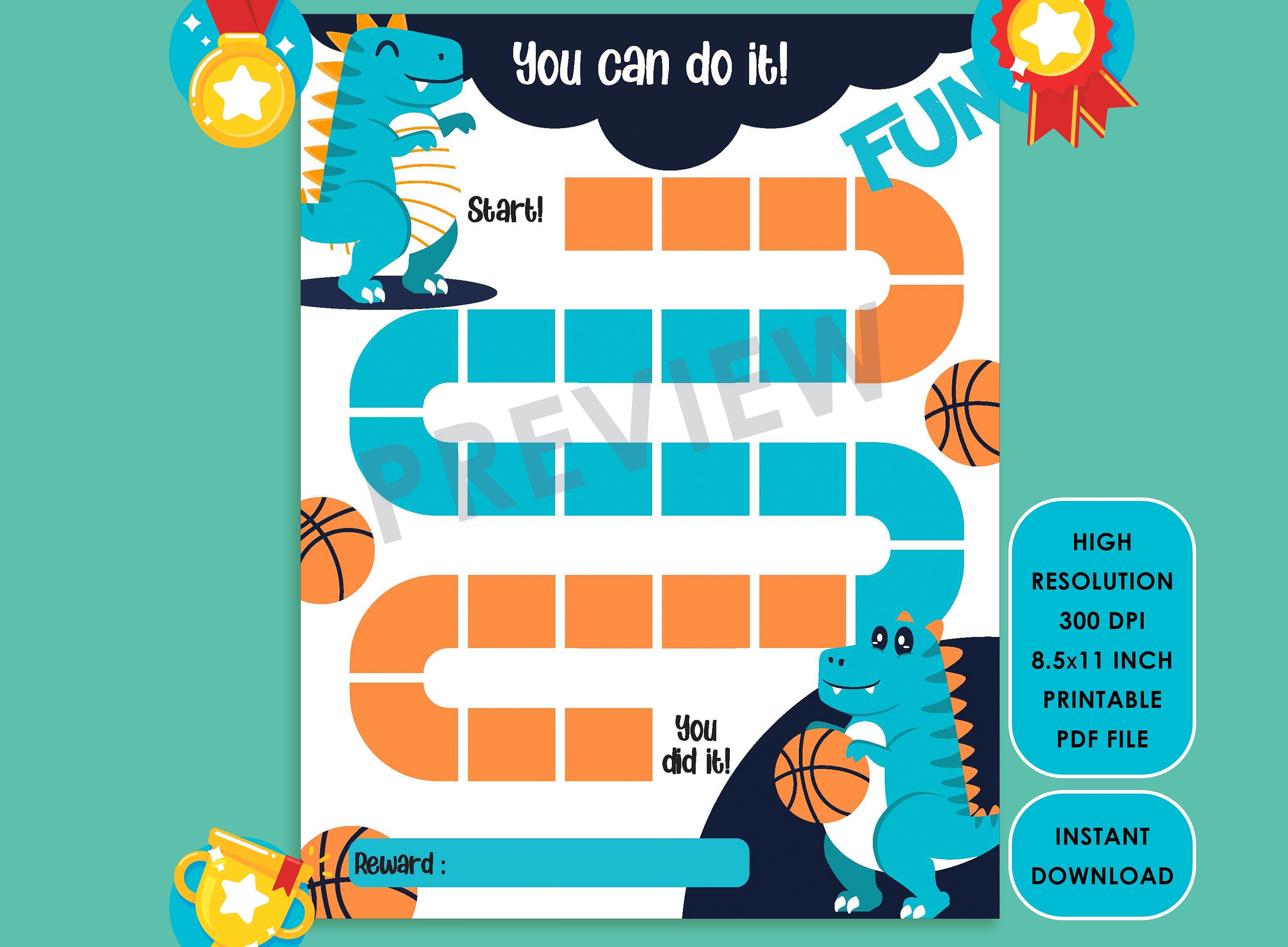 Printable Dinosaur Playing Sports Reward Chart for Kids: 2 Exciting ...