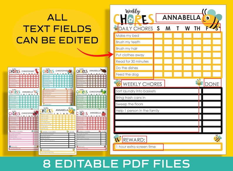 Editable Printable Chore Chart for Kids: Insect and Bee Theme ...