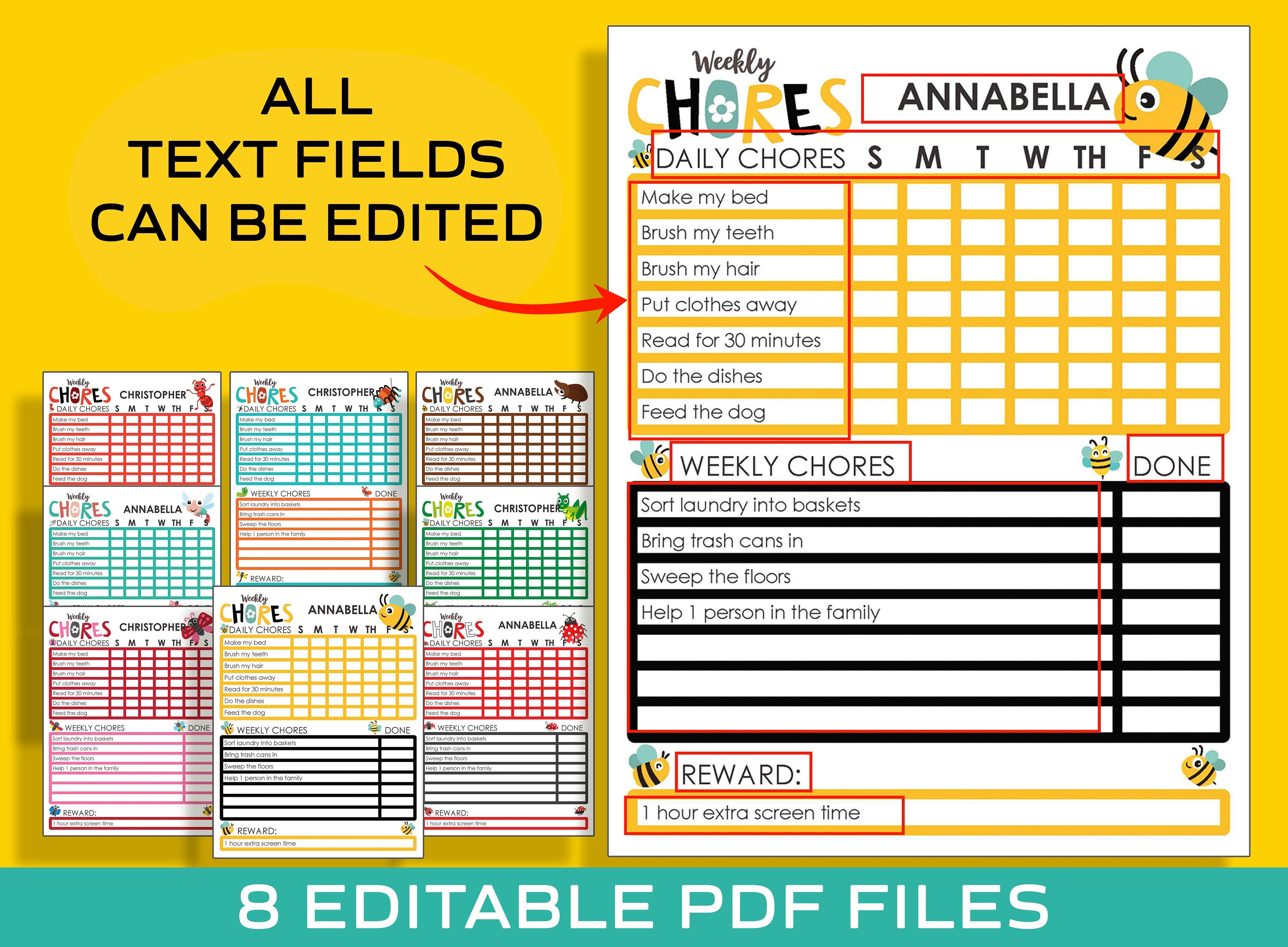 Editable Printable Chore Chart for Kids: Insect and Bee Theme ...