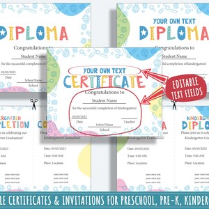 Kindergarten Certificates Completion Diploma and Invitations, Editable ...