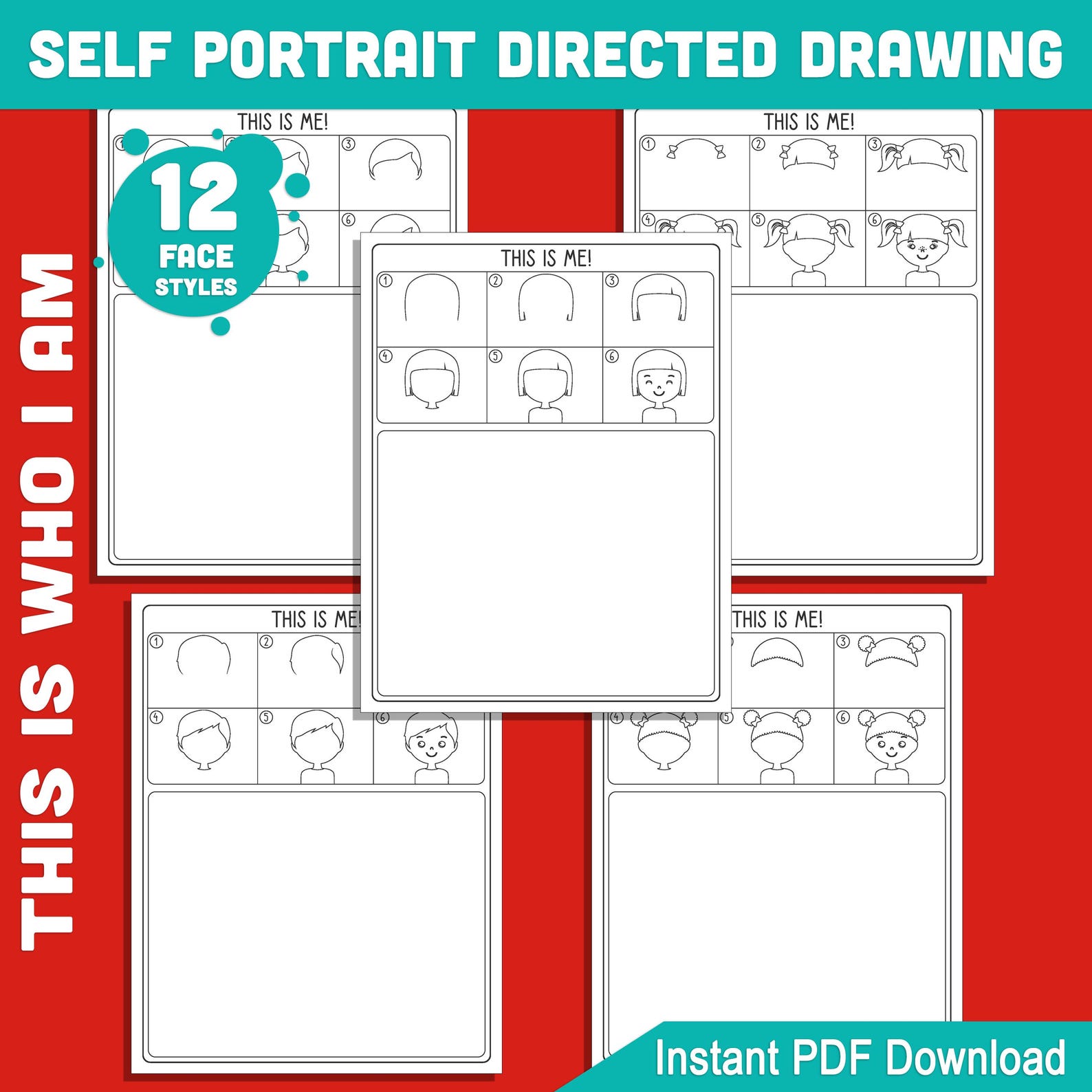 Self Portrait Directed Drawing for Kids: 12 Face Styles, Step-by-step ...