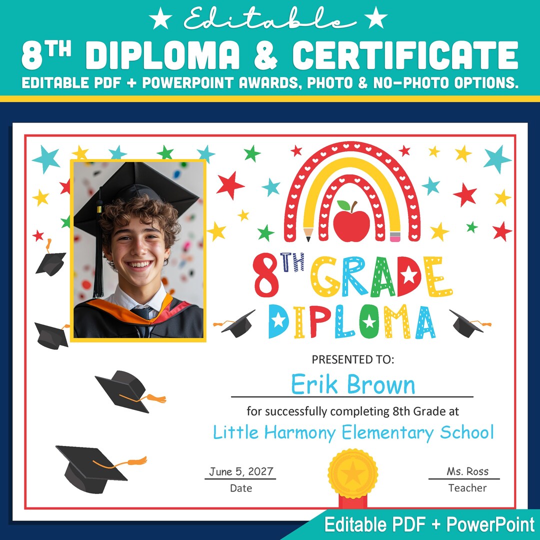 Editable 8th Graduation Diploma & Certificate Set, Rainbow Stars ...