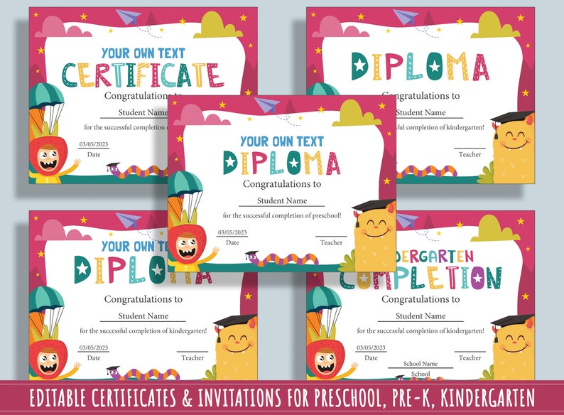 Colorful Pre-k Diploma Certificate and Invitation Templates - Etsy