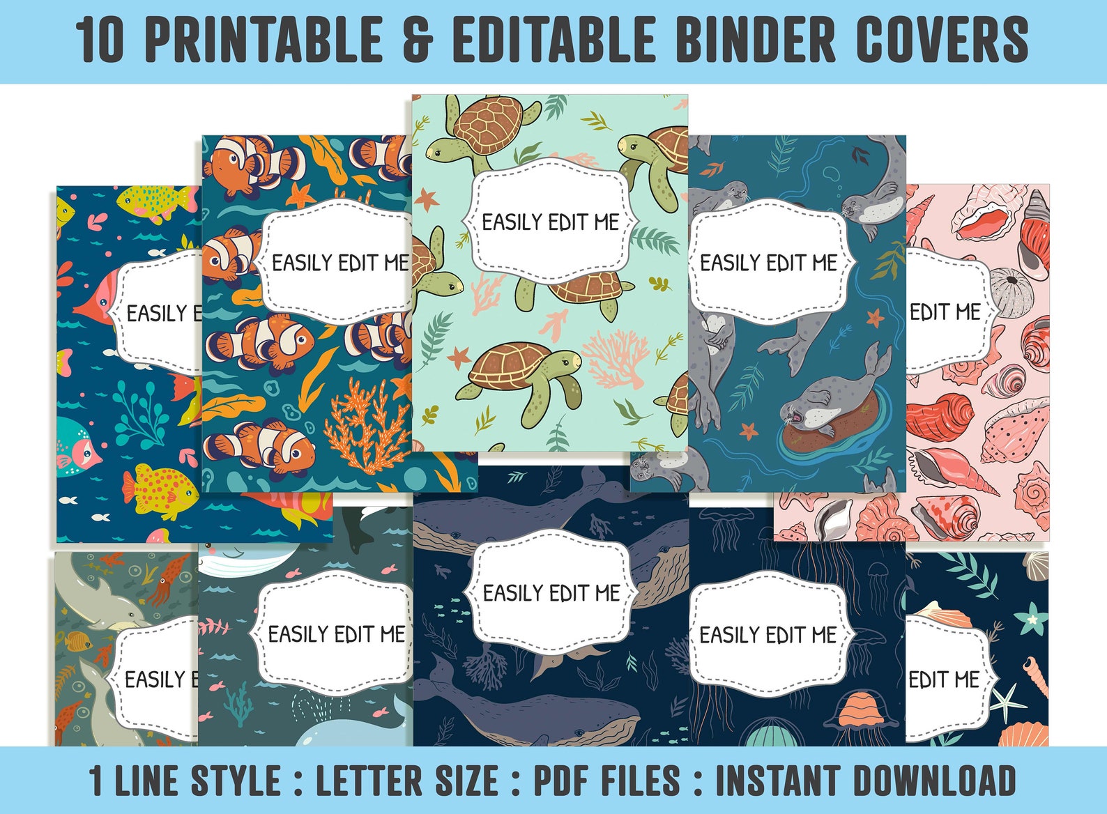 Sea Life Pattern Binder Cover, 10 Printable/editable Binder Covers ...