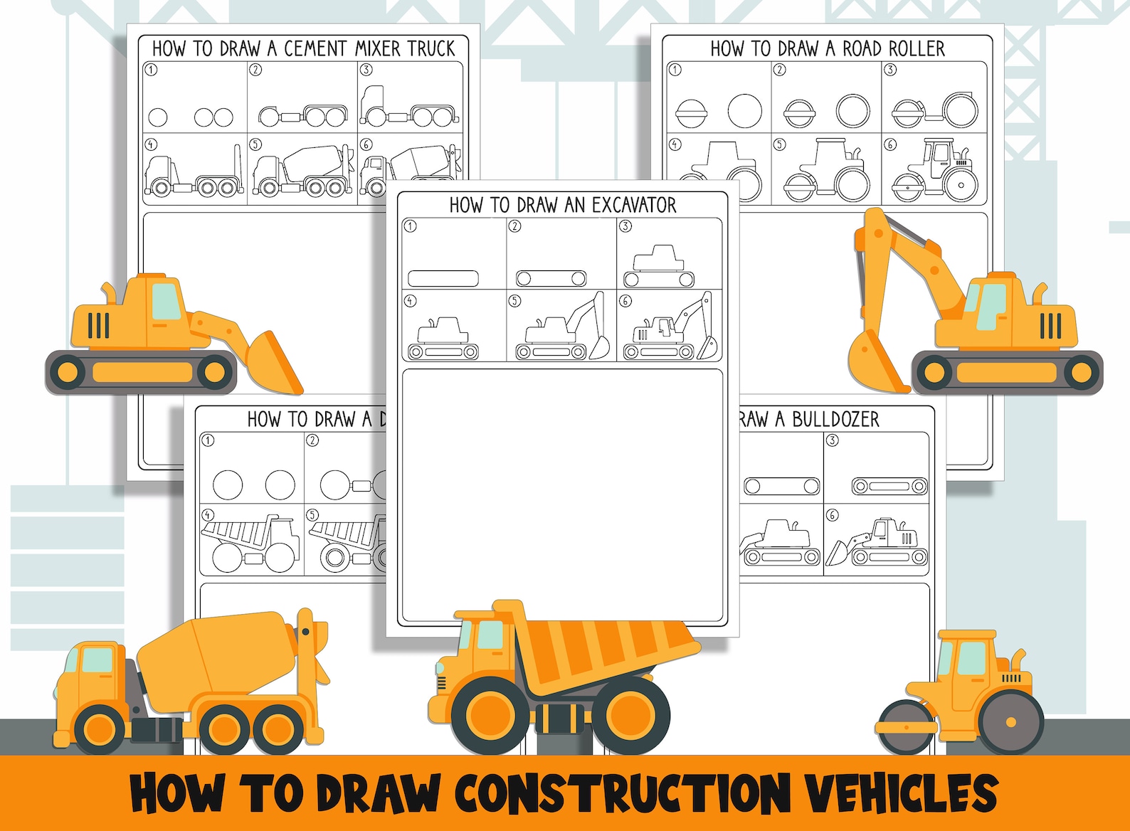 Learn How to Draw Construction Vehicles (excavator, Dump Truck, Cement ...