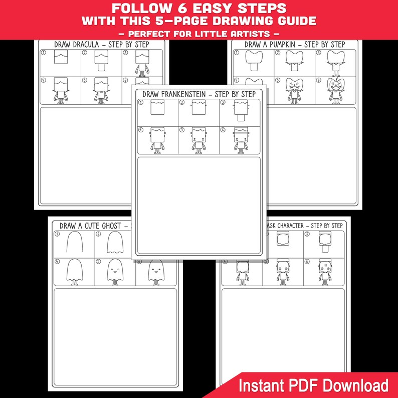Learn How to Draw Halloween Characters: 6 Easy Steps With 5-page Guide ...