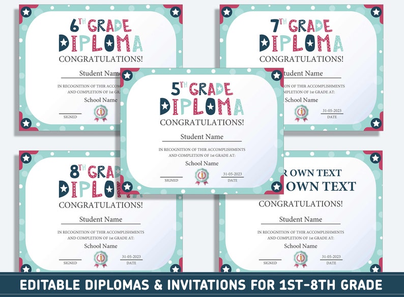 Editable First Grade Awards, 1st to 8th Grade Diploma, Certificate of ...