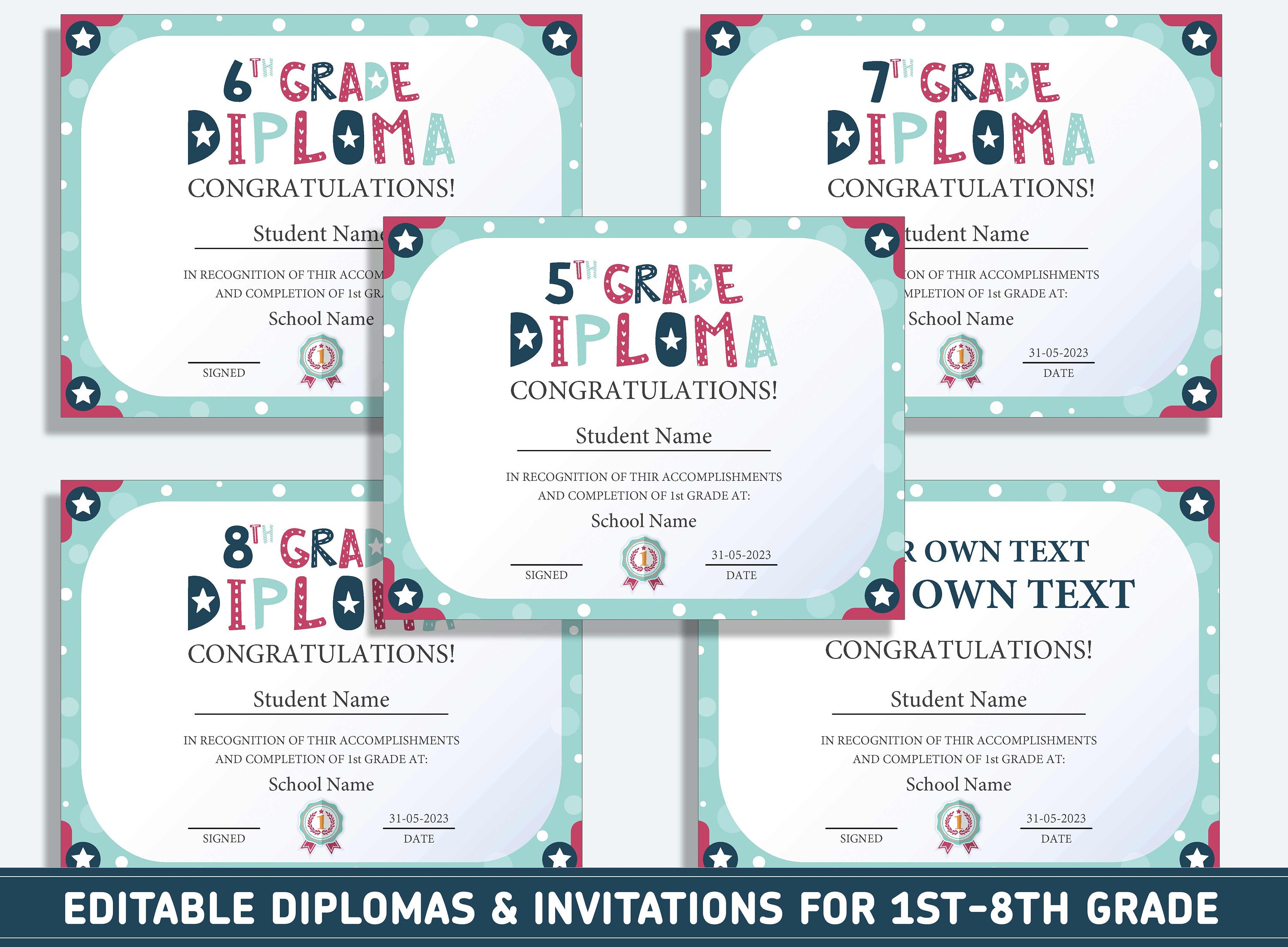 Editable First Grade Awards, 1st to 8th Grade Diploma, Certificate of ...