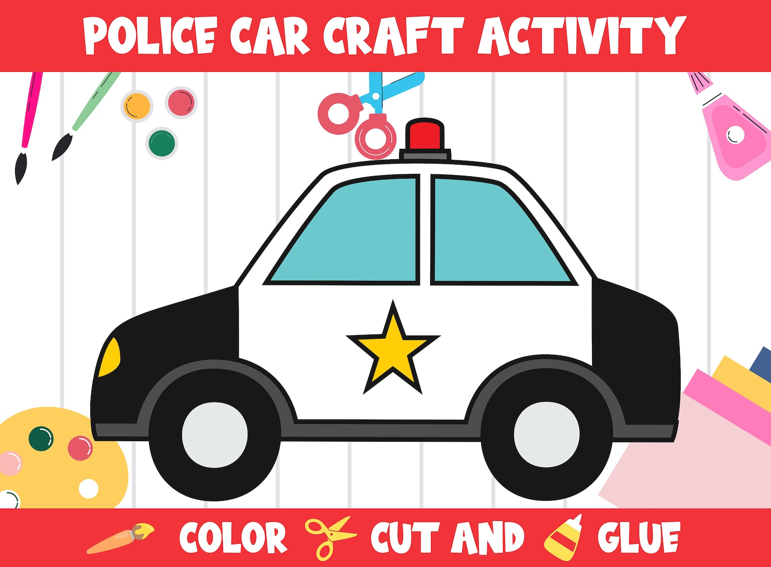 Police Car Craft Activity - Color, Cut, and Glue for Prek to 2nd Grade ...