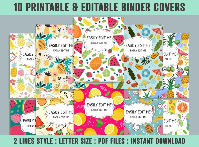 Summer Fruits and Berries Binder Cover, 10 Printable & Editable Covers ...