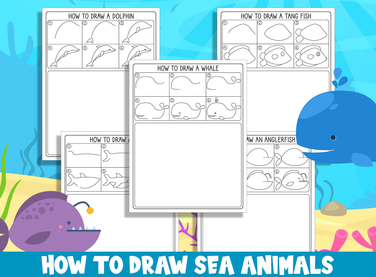 Learn How to Draw Sea Animals whale, Shark, Dolphin, Anglerfish, Tang ...