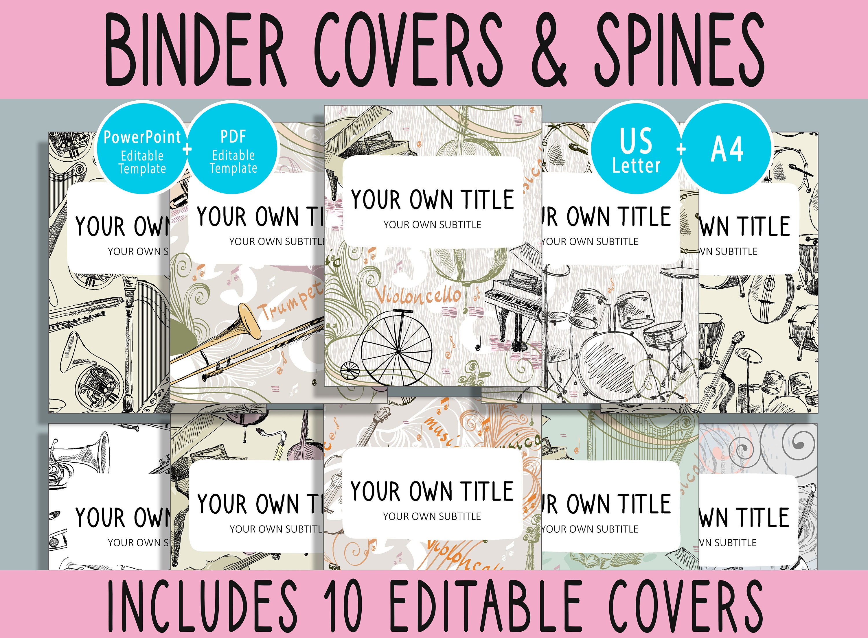 10 Editable Musical Instrument Binder Covers, Includes 1, 1.5, 2 Spines ...