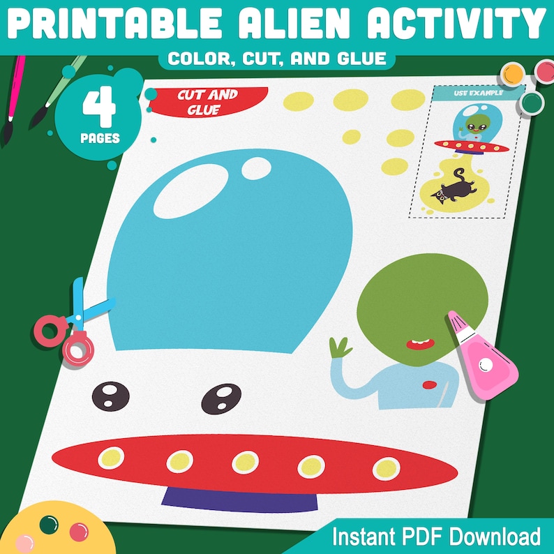 Printable Alien Activity for Kids: 4-page Cut, Color and Glue Craft ...
