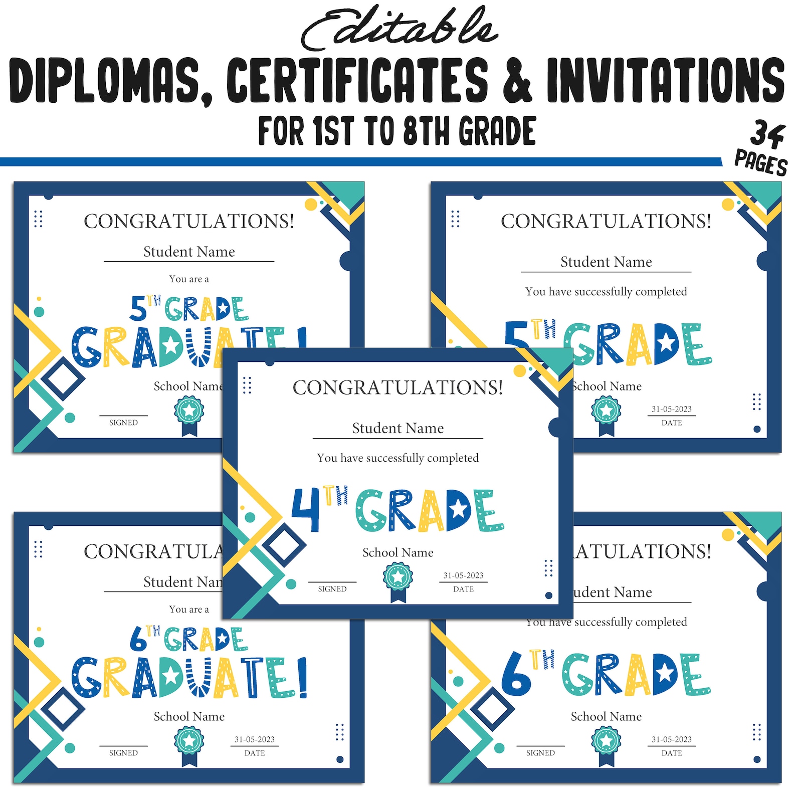 Personalized 2nd Grade Diplomas, 1st-8th Grade Achievement Certificates ...