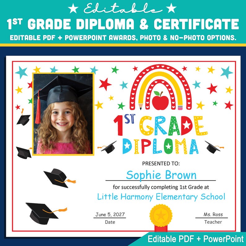 Editable 1st Graduation Diploma & Certificate Set, Photo and No-photo ...