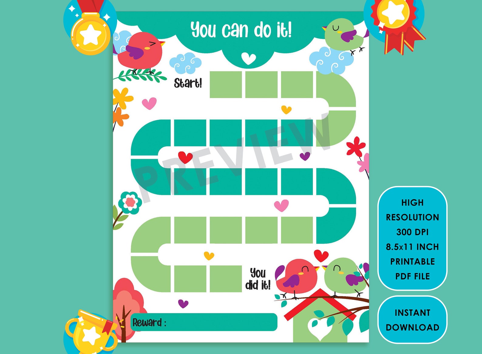 Printable Bird Reward Chart for Kids, Spring Flower Theme With Owl ...