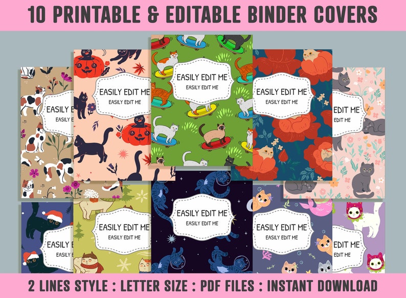 Cute Cats Binder Cover, 10 Printable/editable Binder Coversspines ...
