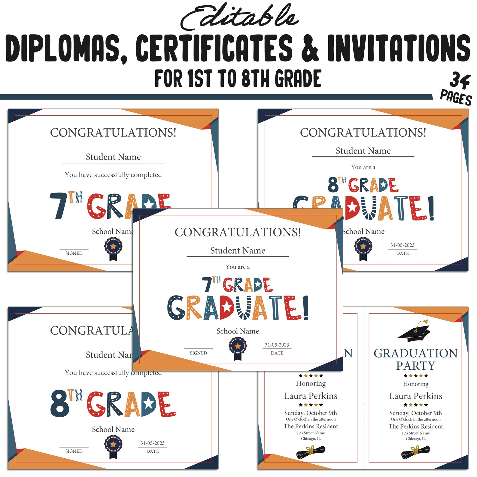Printable 4th Grade Diplomas, Editable Certificates for 1st-8th Grades ...