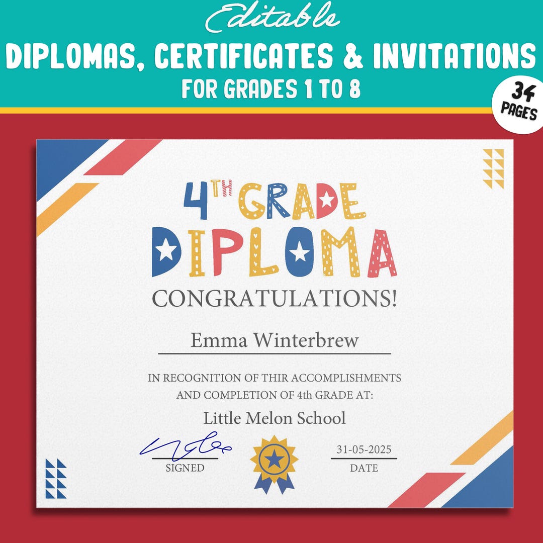 Editable 4th Grade Awards, 1st to 8th Grade Diploma, Certificate of ...
