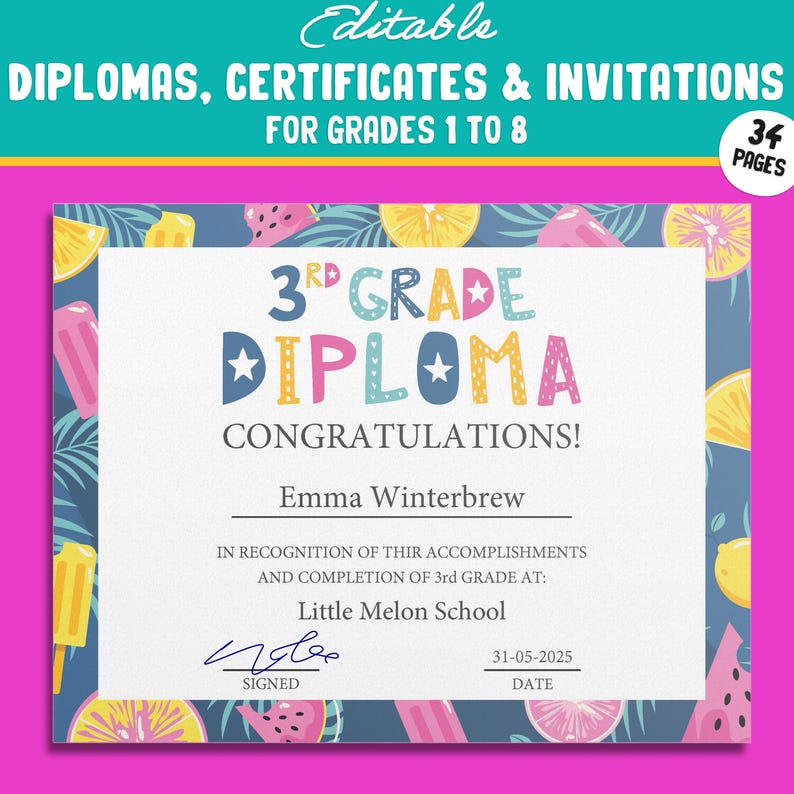 Editable 3rd Grade Awards, 1st to 8th Grade Diploma, Certificate of ...