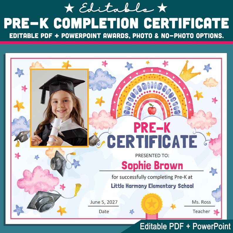 Pre-k Completion Certificate, Editable Rainbow Awards for Ceremony Day ...