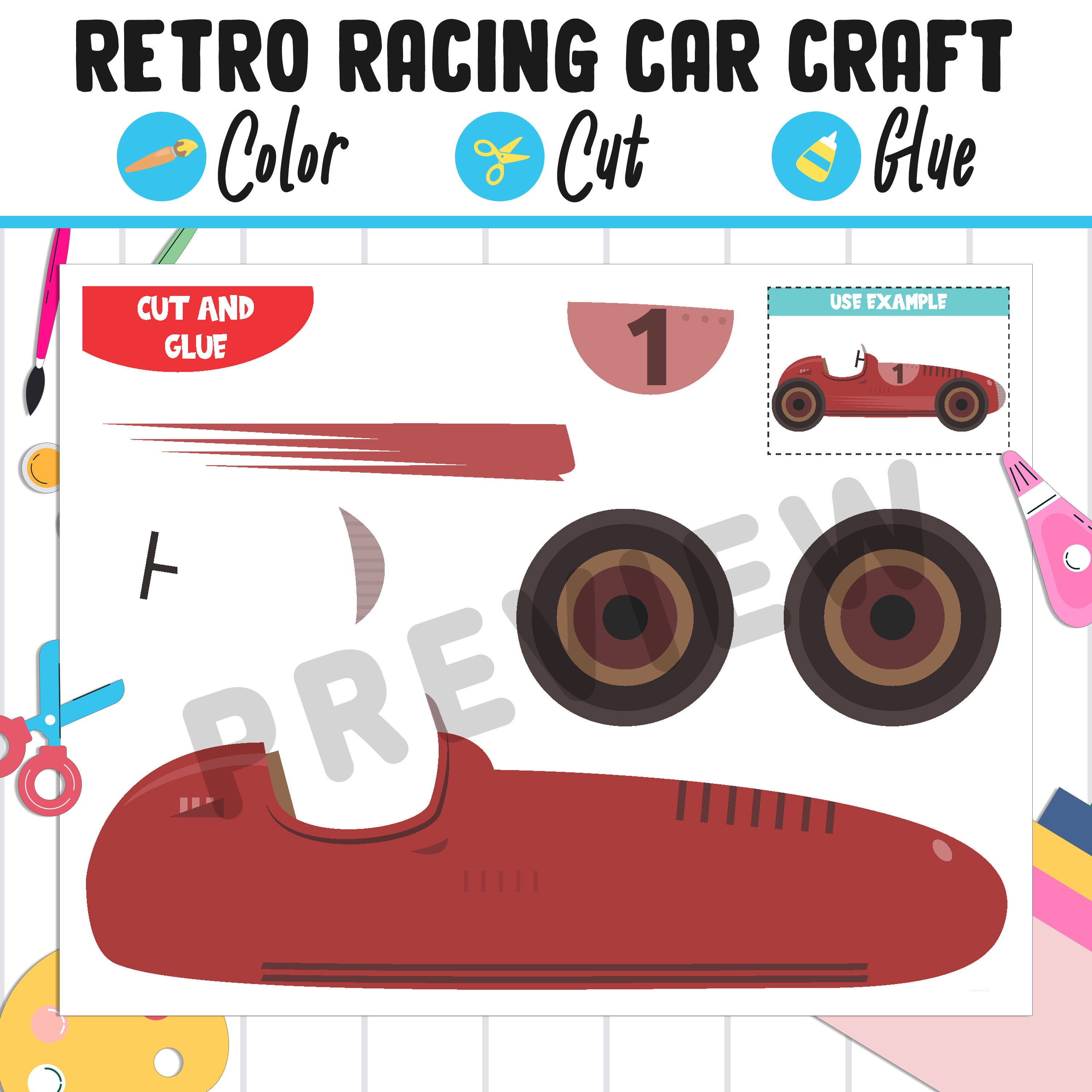 Retro Racing Car Craft Activity Color, Cut, and Glue for Prek to 2nd ...