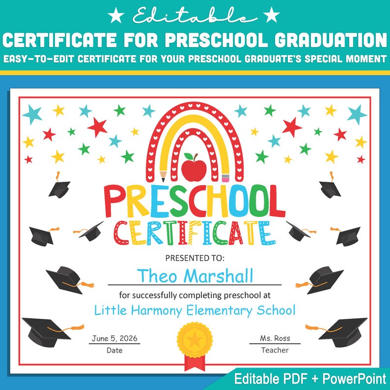 Editable Preschool Moving up Certificate, Rainbow Graduation Award ...