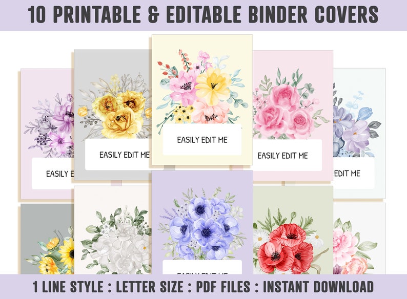 Flower Binder Cover, 10 Printable & Editable Binder Coversspines Binder ...