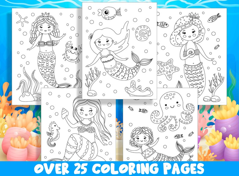 Mermaid Coloring Book, 25 Printable Beautiful Mermaid Coloring Pages ...