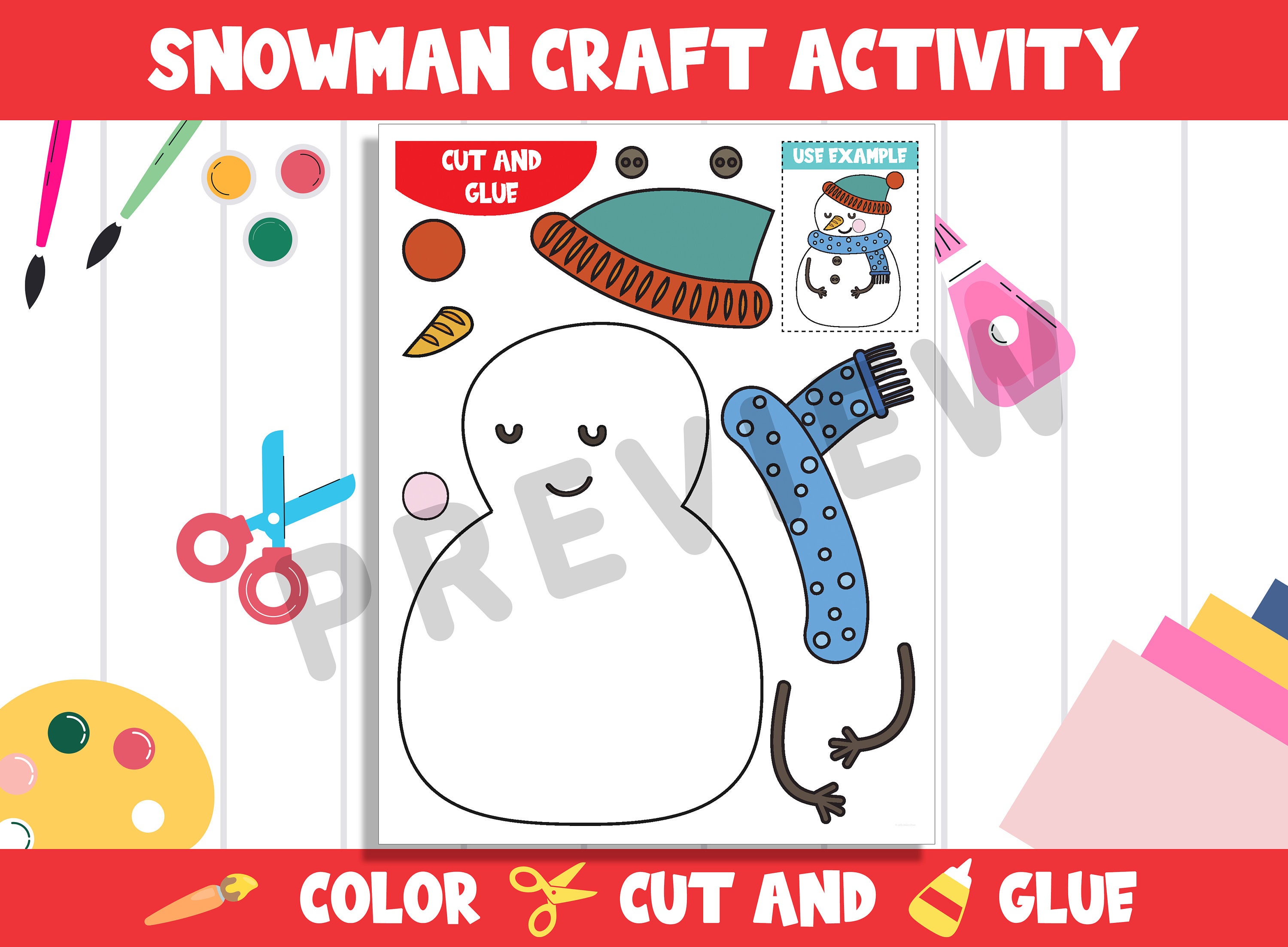 Simple Snowman & Christmas Craft Activity - Color, Cut, and Glue for ...