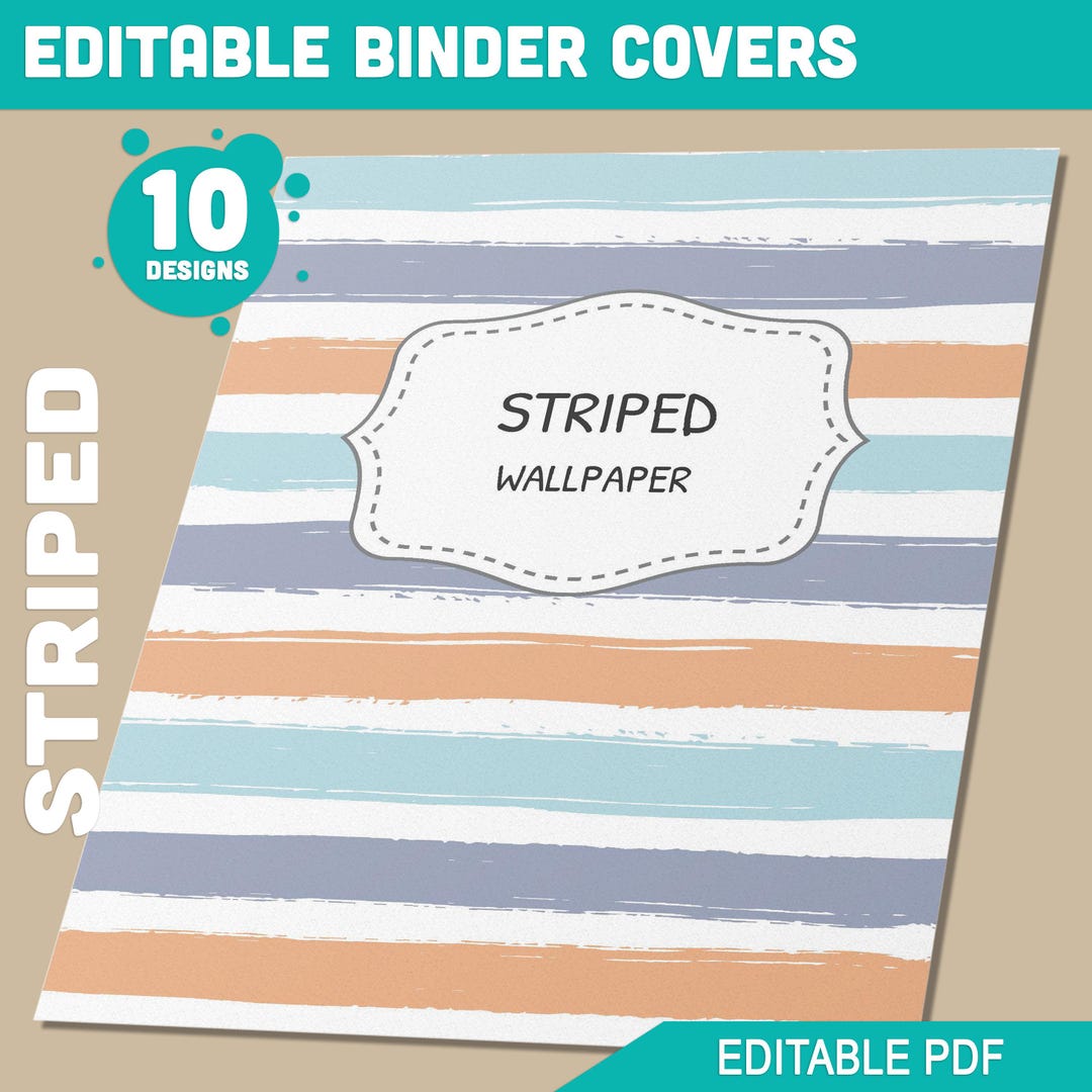 Hand Drawn Striped Pattern Binder Cover, 10 Printable & Editable Binder ...
