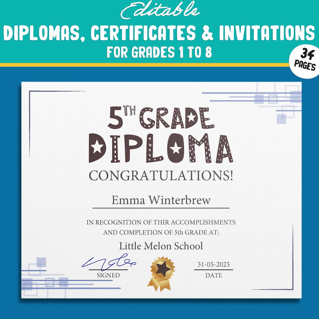 Printable 5th Grade Diplomas, Editable Certificates for 1st-8th Grades ...