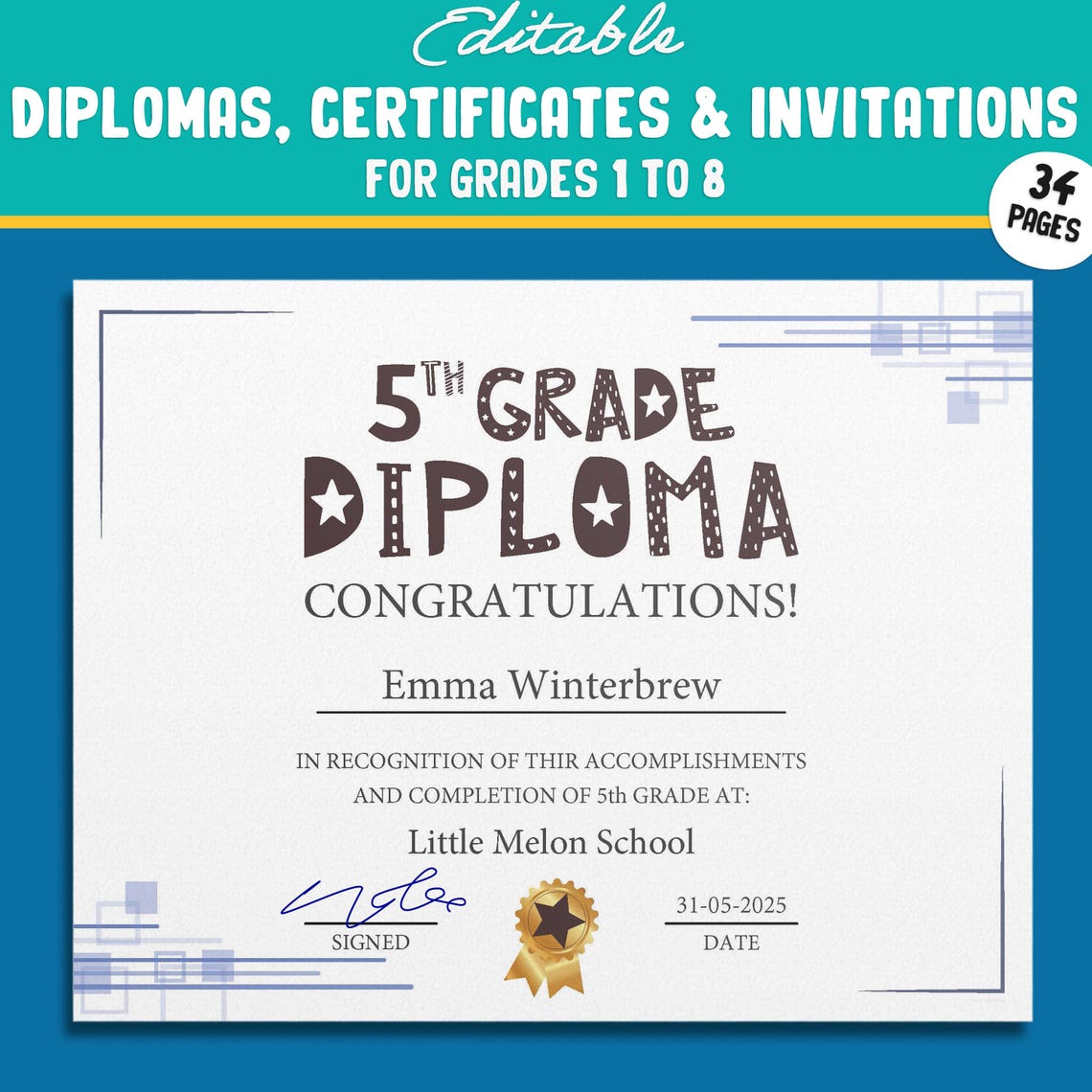 Printable 5th Grade Diplomas, Editable Certificates for 1st-8th Grades ...