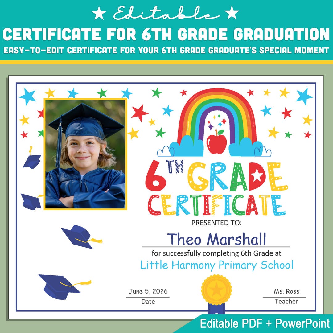 6th Grade Photo Certificate Template: Editable PDF & Powerpoint for ...