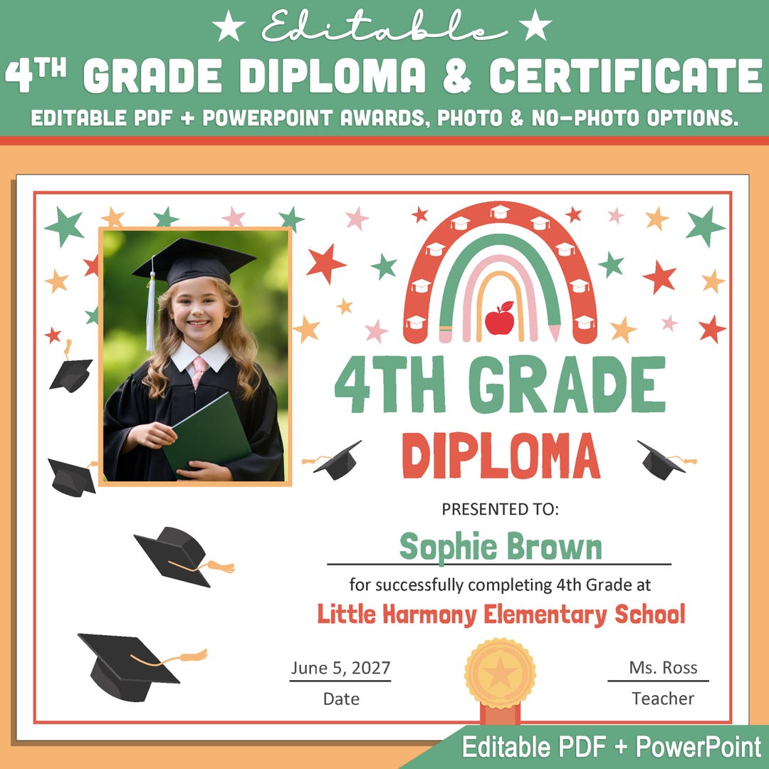 Editable 4th Grade Graduation Diploma & Certificate Set, Retro Rainbow ...