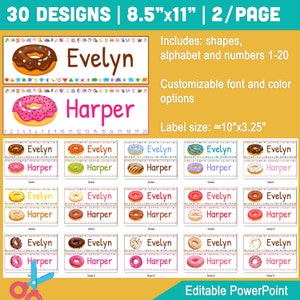 Editable Desk Name Tags for Students: Tasty Donuts, 30 Designs, 8.5"x11 ...